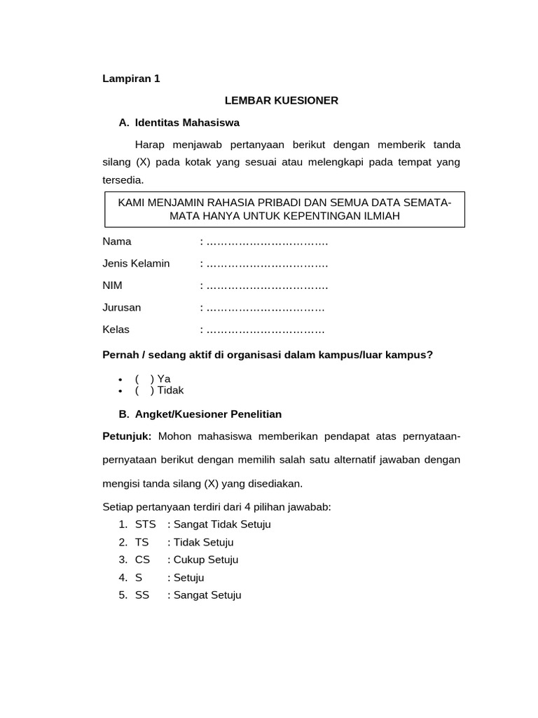 Lampiran 1 Kuesioner Penelitian | PDF