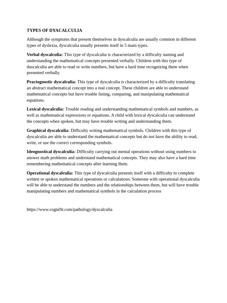 Types of Dyscalculia | PDF