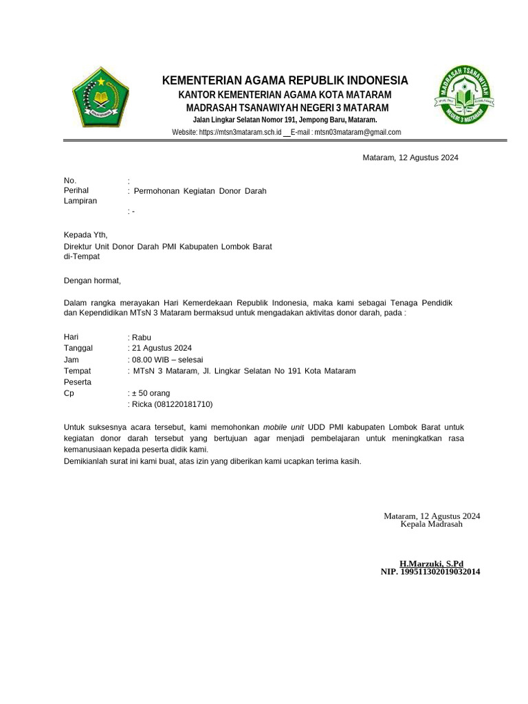 Permohonan Donor Darah ke PMI Mataram | PDF