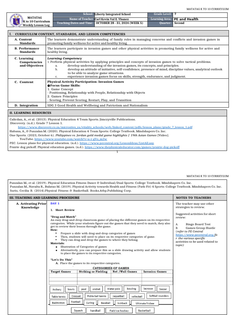 DLL Matatag - Pe&health 7 Q2 W5-6 | PDF | Physical Education | Learning