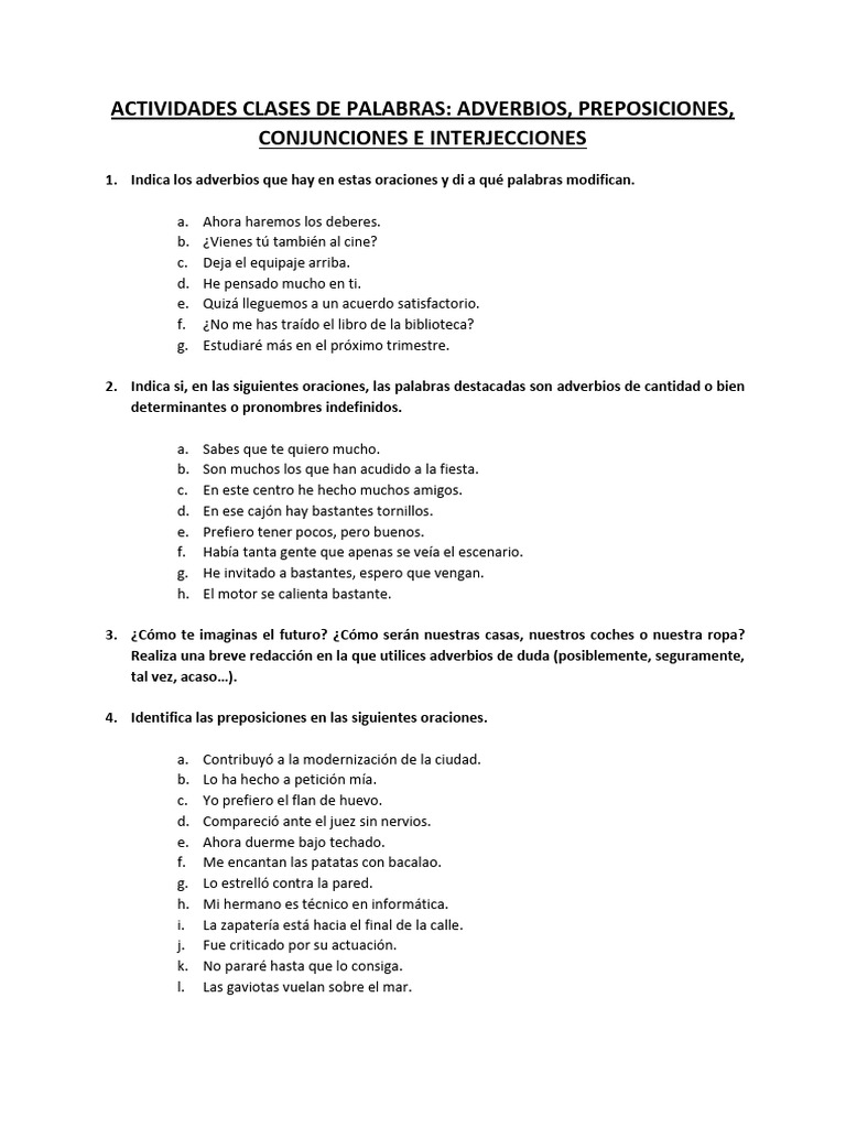 Actividades Clases de Palabras Adverbios Preposiciones Conjunciones e ...