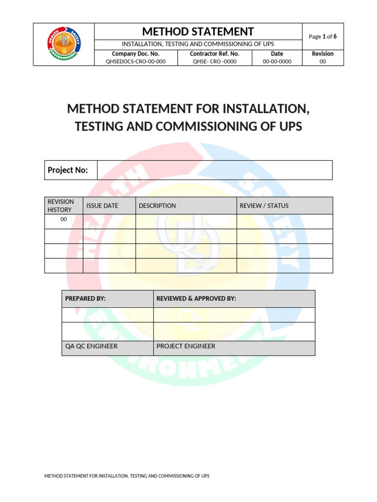 Method Statement For Installation Testing And Commissioning Of Ups