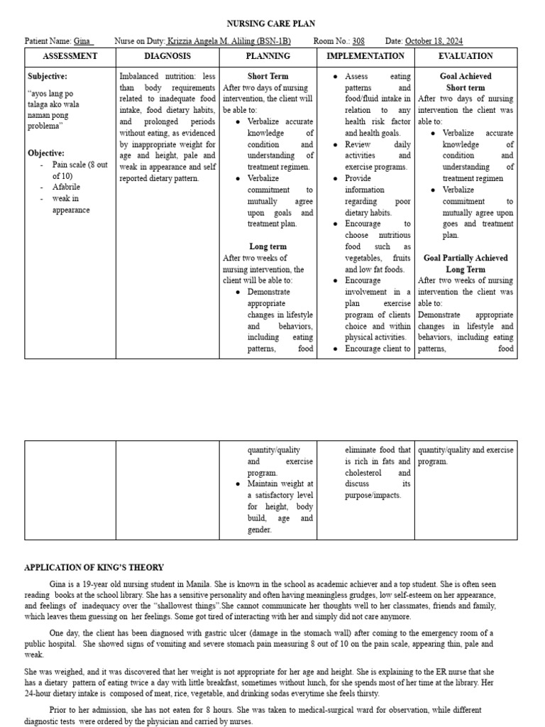 Aliling, Krizzia - Goal Attainment Theory-Nursing Care Plan-BSN 1B ...