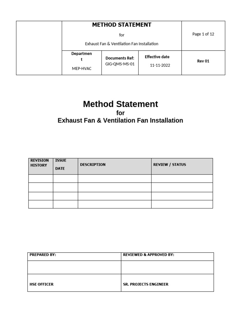 Exhaust Fan Installation Method Statement | PDF | Duct (Flow ...