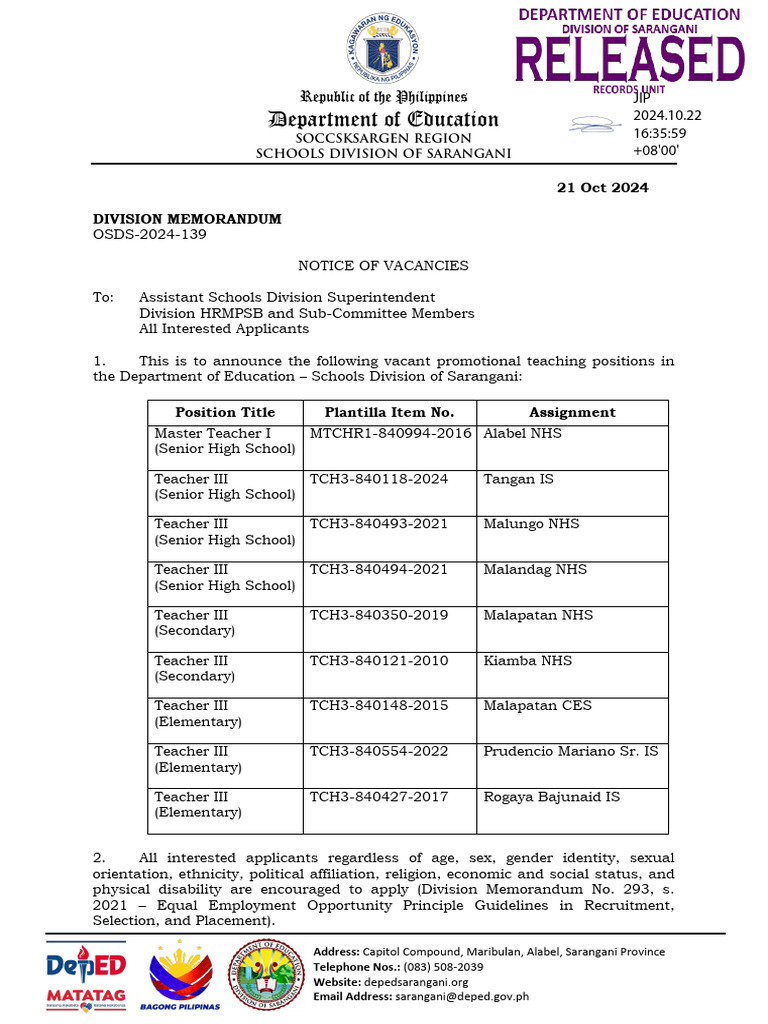 DM Osds 2024 139 Notice of Vacancies Promotional Teaching Positions ...