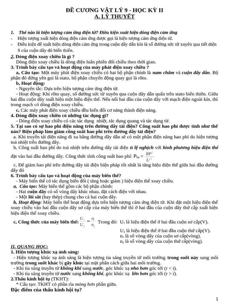 De Cuong On Tap Vat Ly 9 | PDF