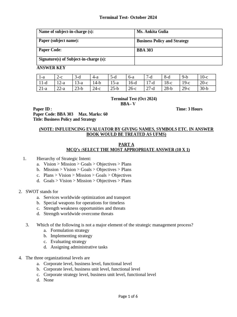 BBA Business Strategy Exam | PDF | Strategic Management | Policy