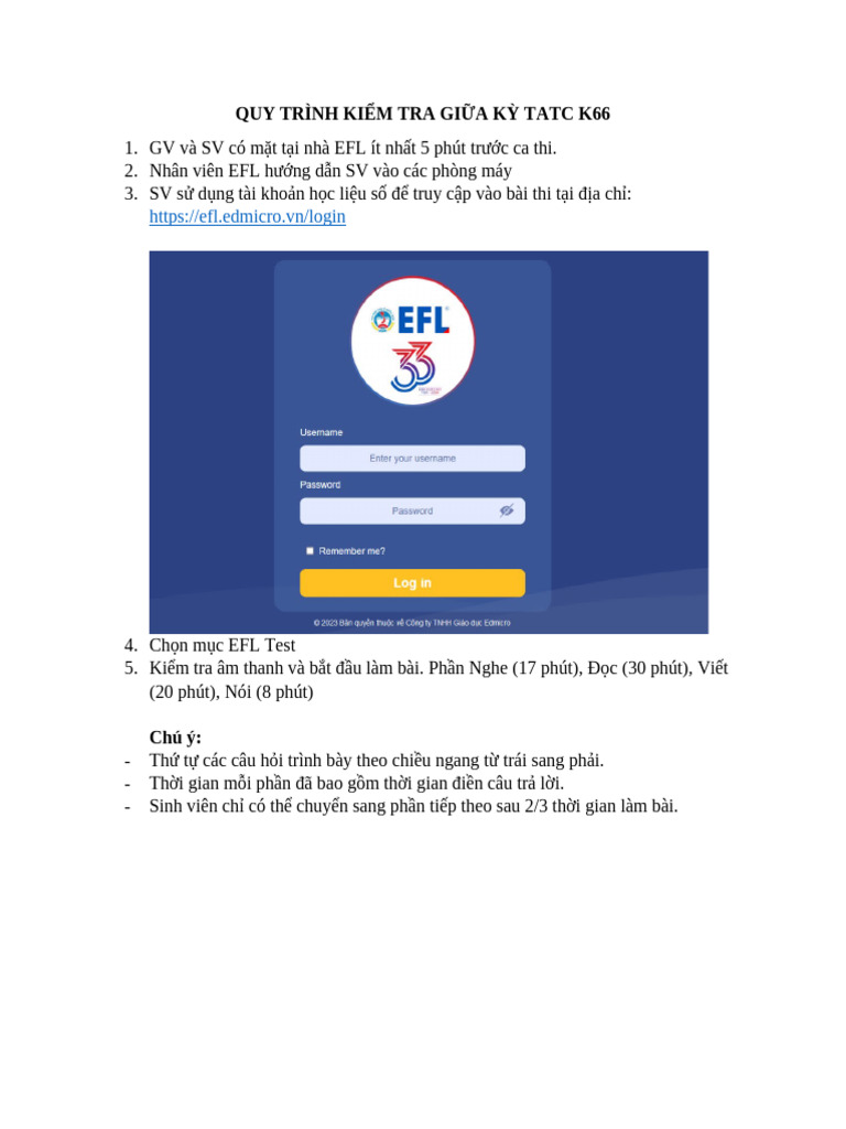 QUY TRÌNH KIỂM TRA GIỮA KỲ TATC K66@ | PDF