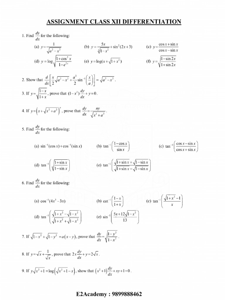 12th Differentiation WS 4 | PDF