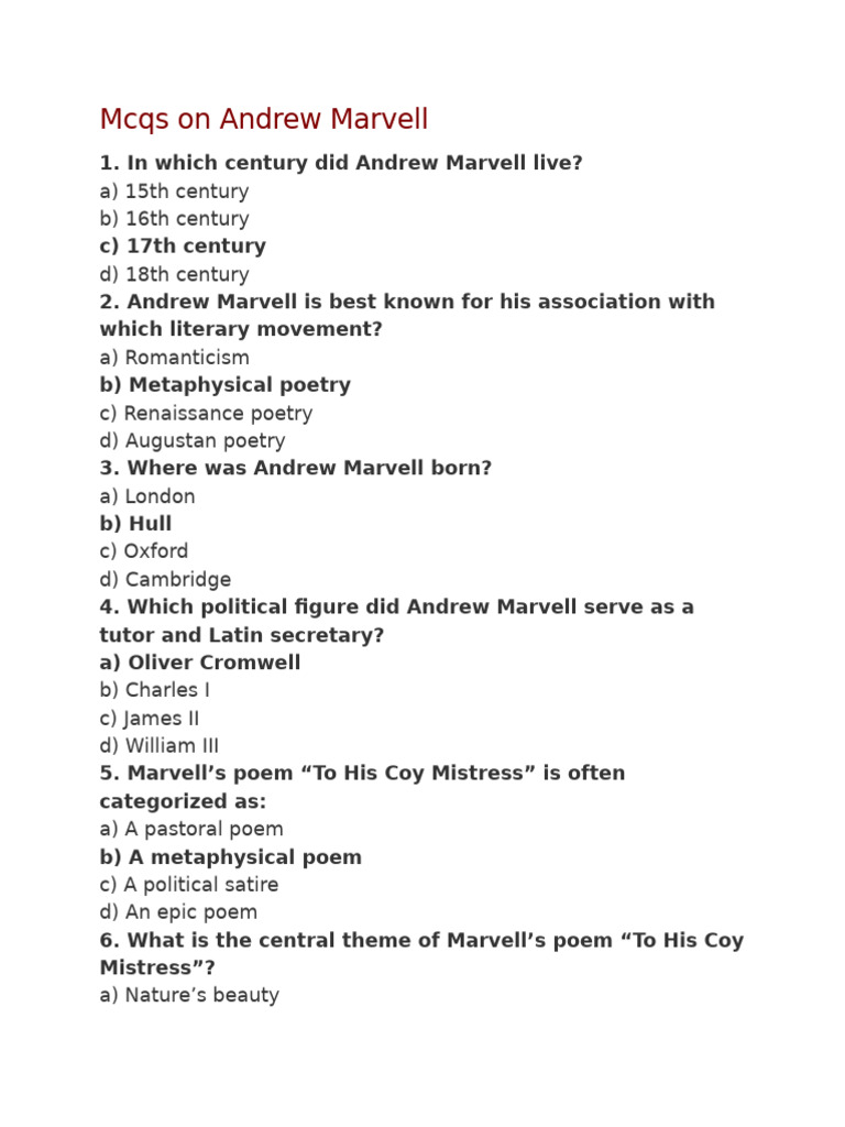 The Poem of Andrew Marvell MCQ | PDF | Poetry