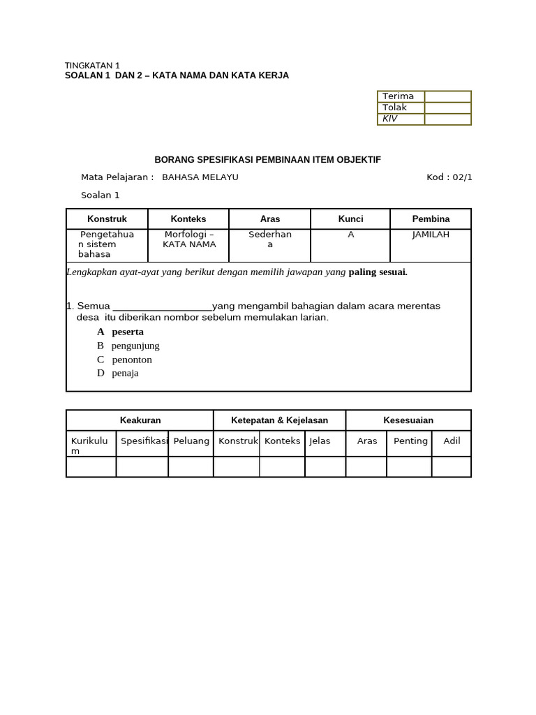 Bahagian A Soalan 3 Dan 4 Objektif Borang Topi Kasut | PDF