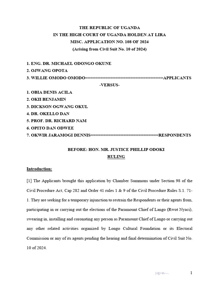 Ruling - Eng - Micheal Okune & Others Versus Obia Denis Acila & Others ...