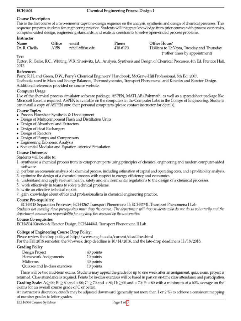 FSU ECH 4604 Chemical Engineering Process Design I | PDF | Engineering ...