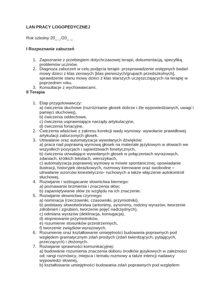 Plan Pracy Logopedycznej | PDF