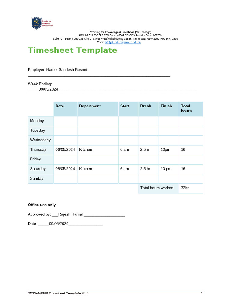 SITXHRM008 Sandesh Timesheet Template | PDF