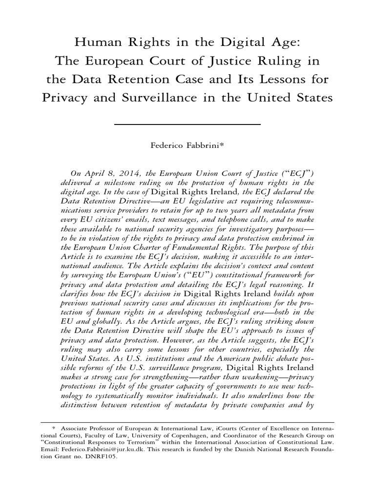 ECJ Ruling on Data Retention & Privacy | PDF | European Court Of ...