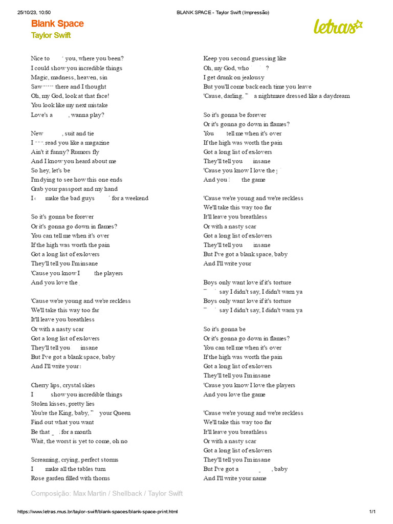 BLANK SPACE - Taylor Swift (Impressão) | PDF