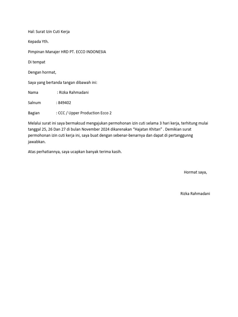 Surat Izin Cuti Kerja | PDF