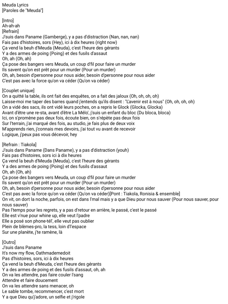 Paroles de "Meuda" par Tiakola | PDF