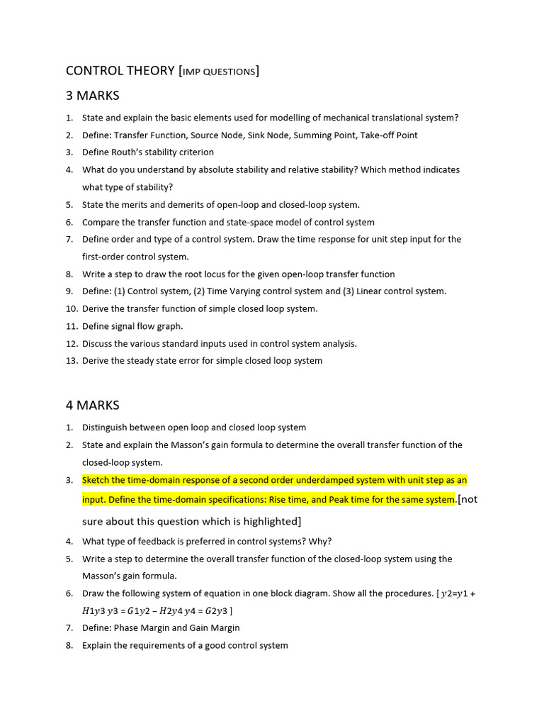 Control Theory Imp Questions | PDF | Control Theory | Applied Mathematics