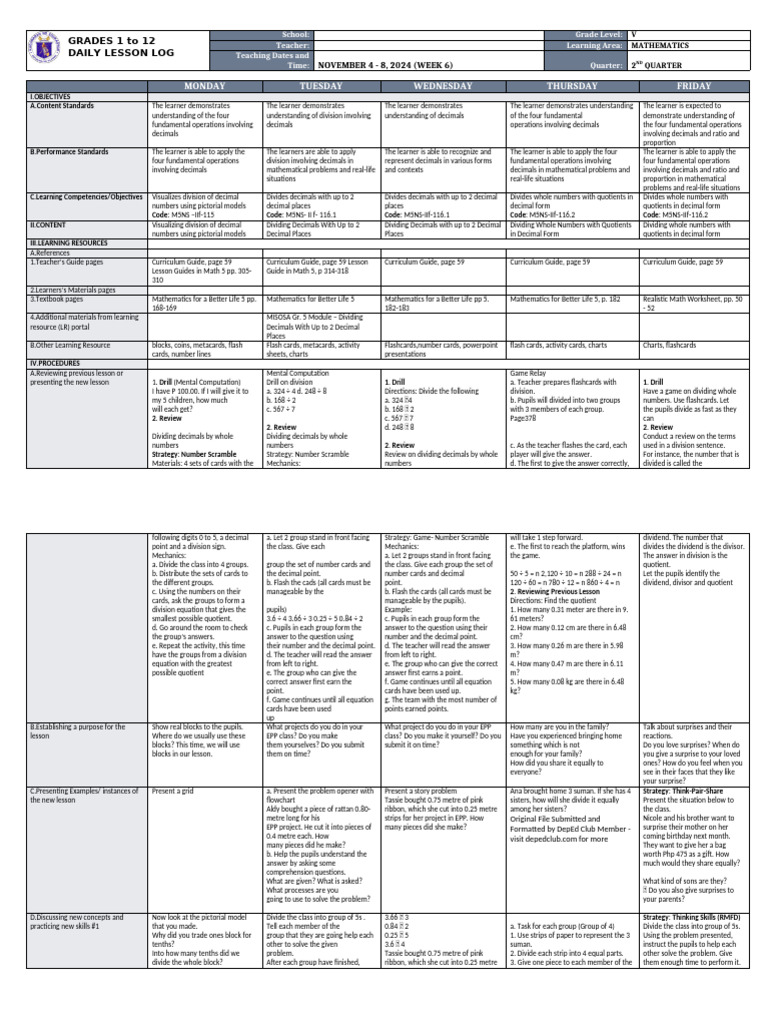 DLL - Mathematics 5 - Q2 - W6 | PDF | Division (Mathematics) | Mathematics