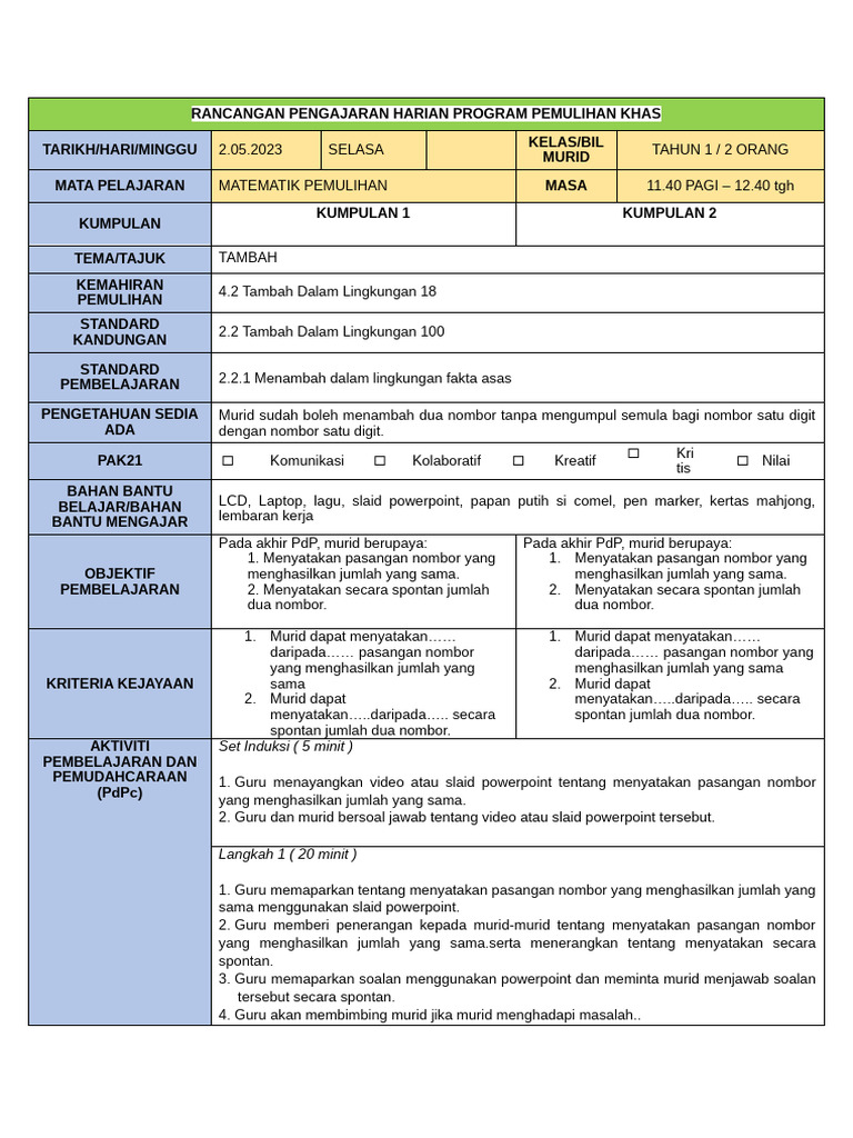 Rancangan Pengajaran Harian Program Pemulihan Kha1 4 | PDF