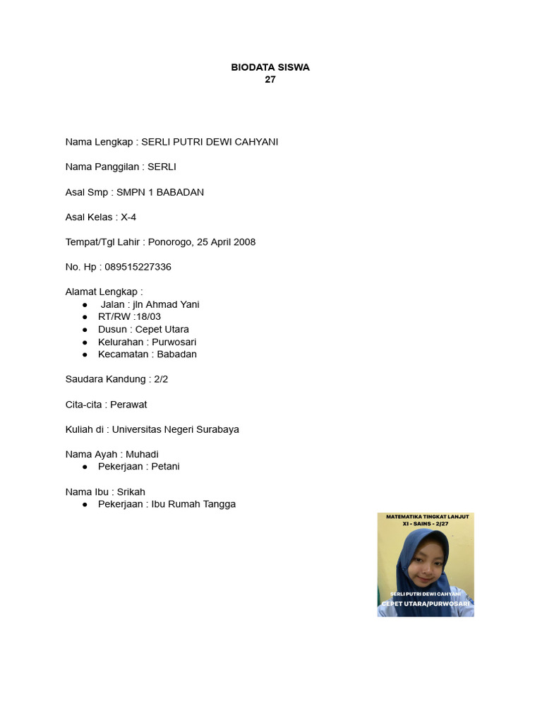 Biodata Siswa | PDF