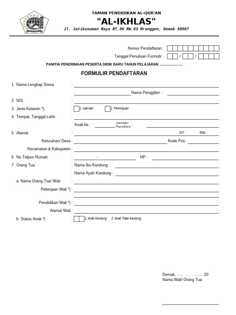 Formulir Pendaftaran Siswa Baru TPQ | PDF