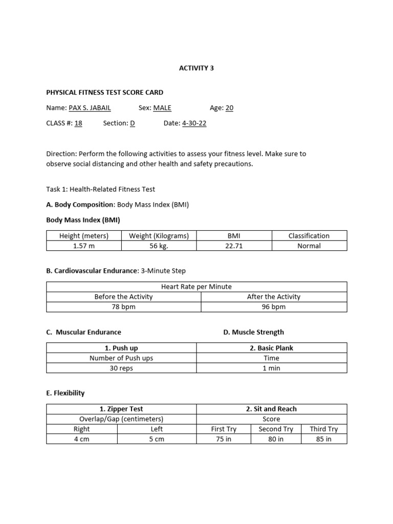 Jabail, Pax Activity 3 Form 3 A Physical Fitness Test Score Card Bscen1 ...