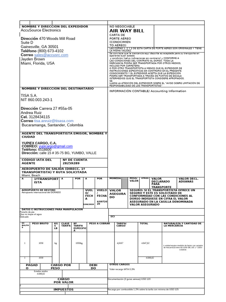 Carta de Porte Aéreo: AccuSource a TISA S.A. | PDF