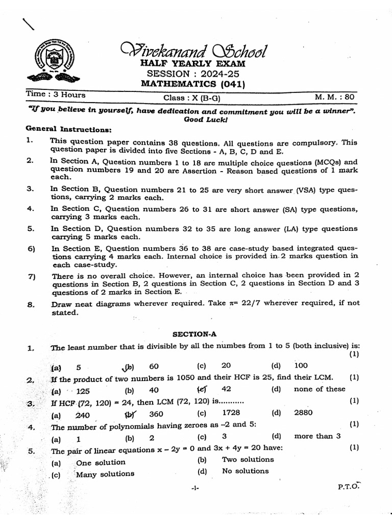 Mid Term 2024-25 Vivekanand | PDF | Mathematical Objects | Elementary Mathematics