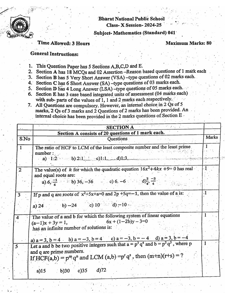 Class 10 Math Exam Paper 2024-25 | PDF | Triangle | Polynomial