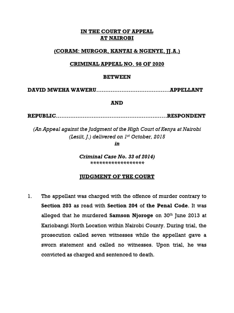 Appeal in Murder Case: Waweru v. Republic | PDF | Prosecutor | Malice ...