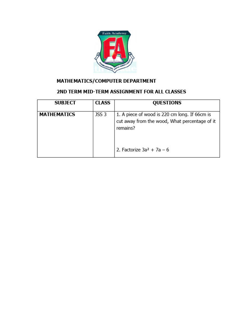 JS3 - Mid-Term Assignment (Maths) | PDF