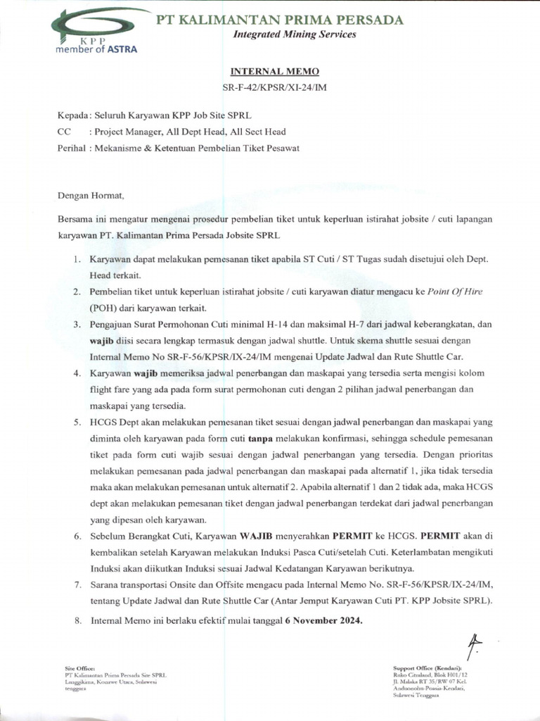 Memo Order Tiket KPP SPRL | PDF