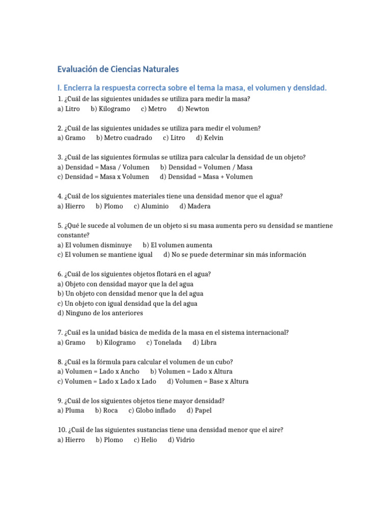 Evaluación de Ciencias Naturales: Masa, Volumen y Densidad | PDF ...