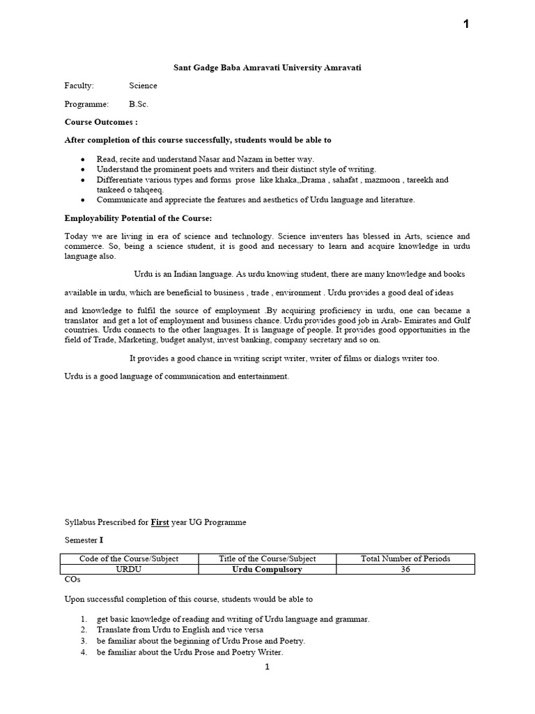 BSC I Urdu (Language) Syllabus | PDF | Urdu | Translations