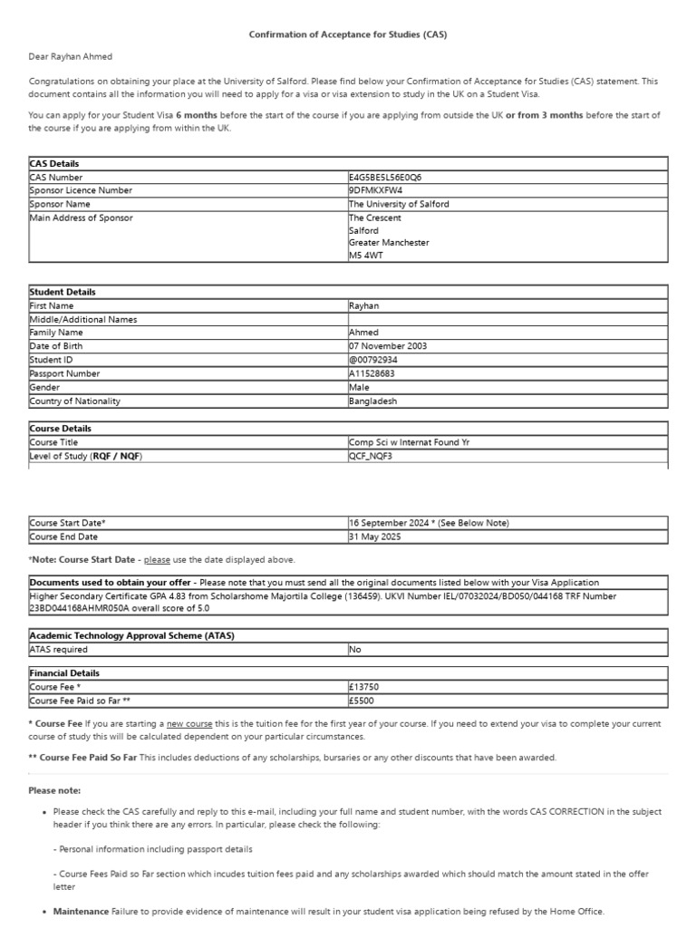 cas letter rayhan | PDF | Travel Visa