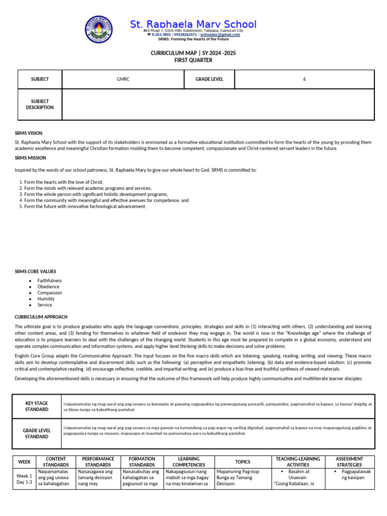Q1 GMRC 6 Curriculum Map | PDF