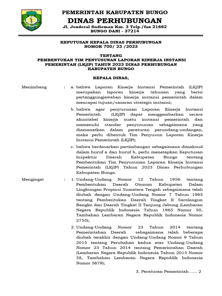 SK Tim Penyusunan LKjIP Tahun 2023 | PDF | Pengelolaan Keuangan & Uang