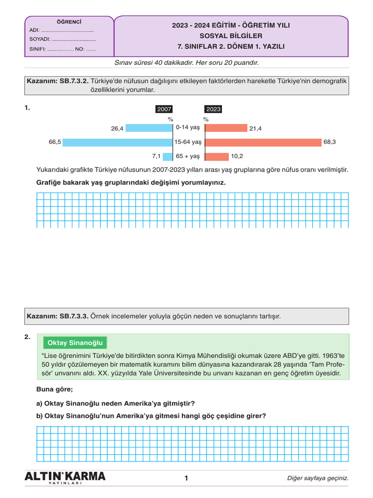 2023 2024 7. Sinif Sosyal Bilgiler 2. Donem 1. Yazili Cevapli 1 | PDF