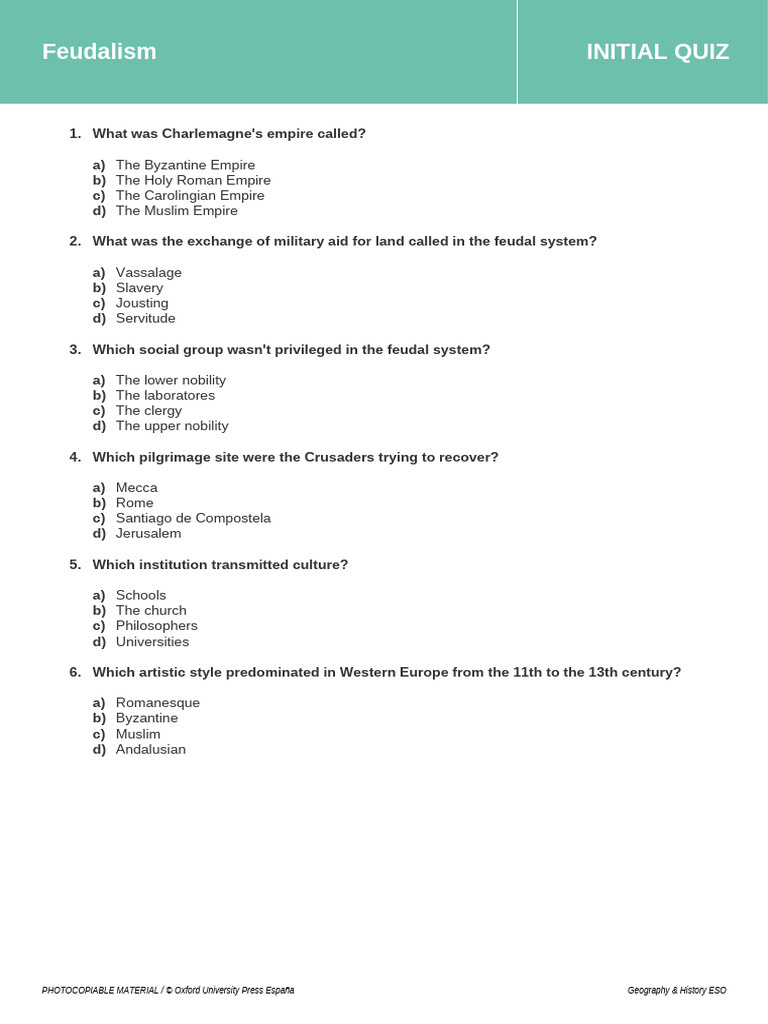 Feudalism Initial Quiz Sol | PDF | Feudalism | Middle Ages