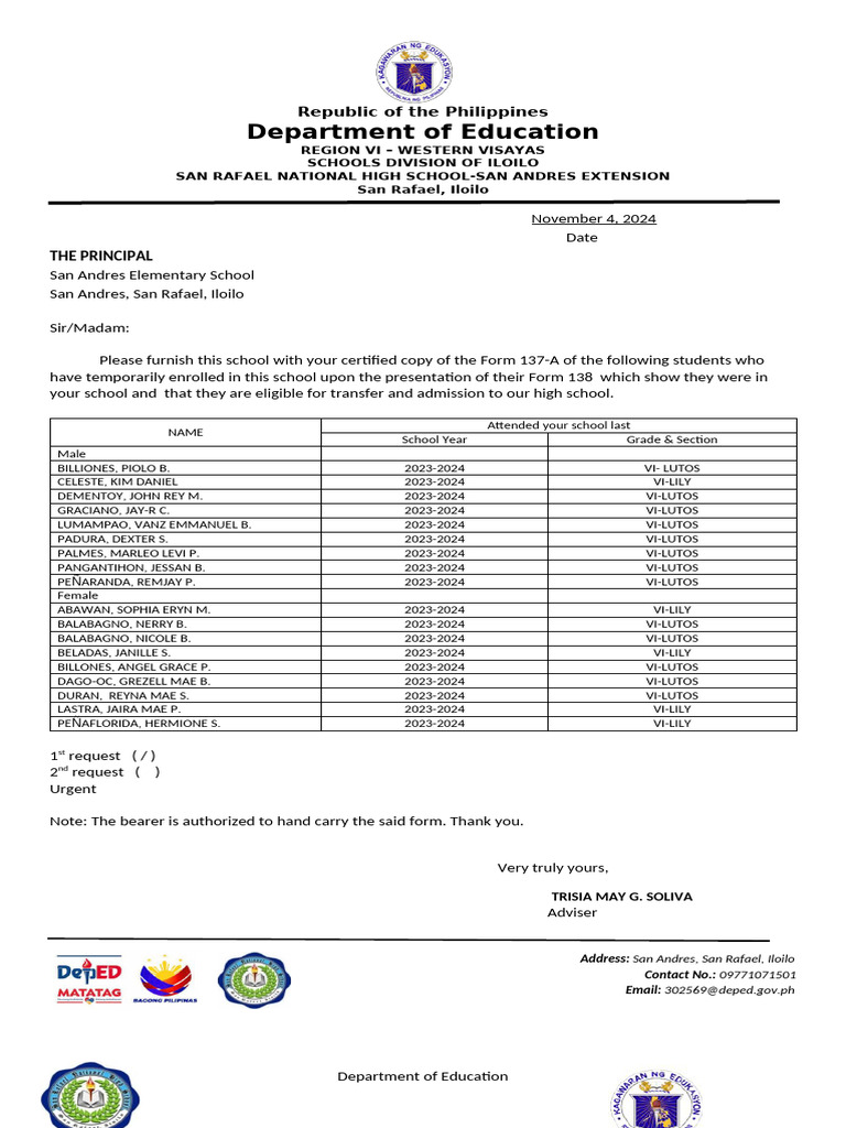 Request of Form 137 | PDF | Philippines | Public Administration