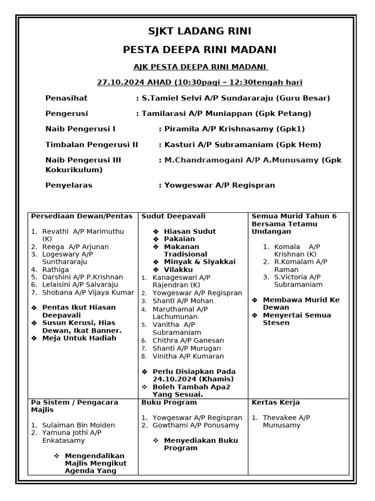 Ajk Sambutan Pesta Deepa Rini Madani 2024 | PDF