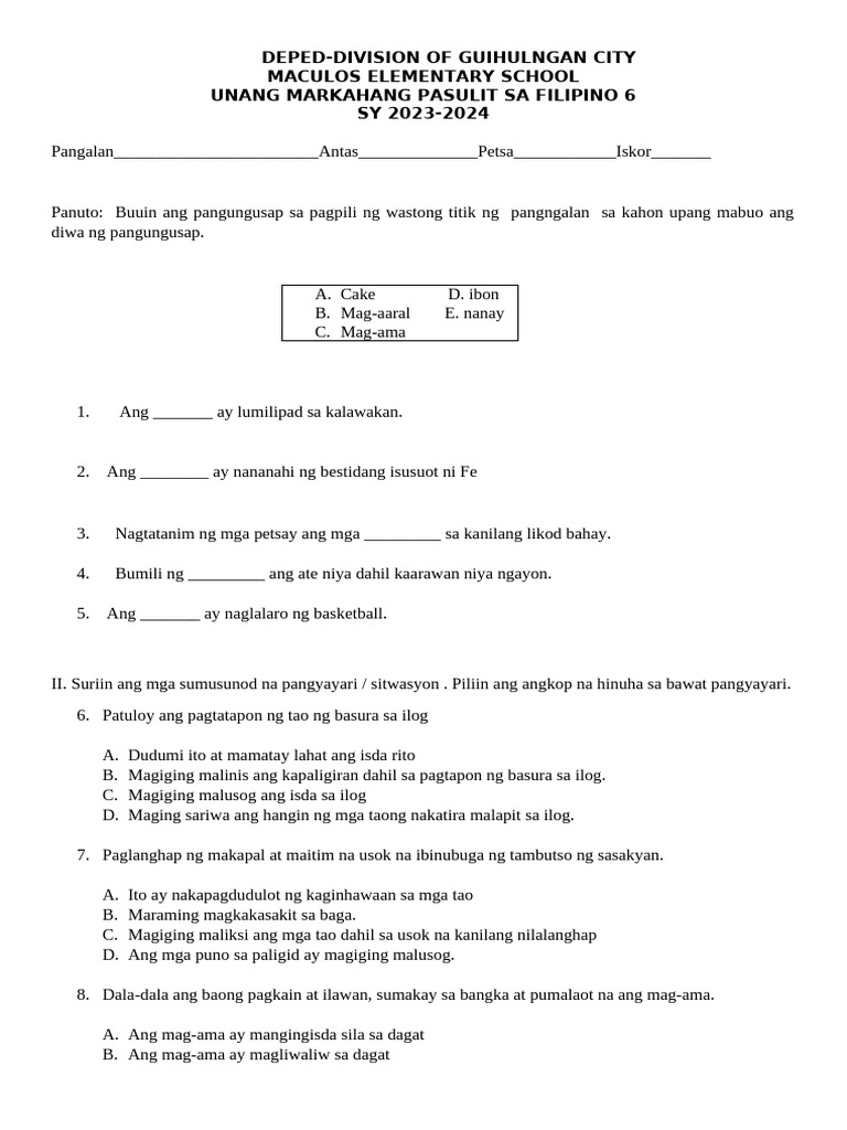 Pt-Tos Filipino-6 Q1 | PDF