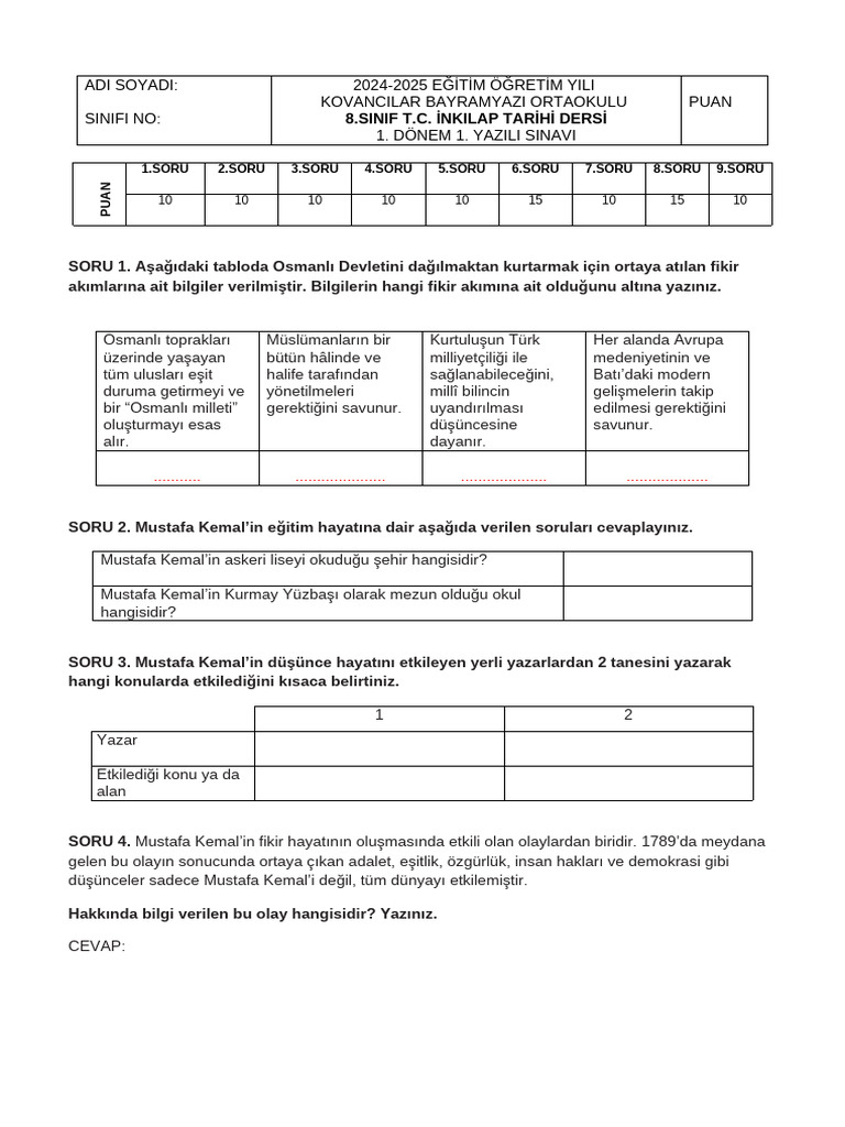 2024 2025 8. Sinif T.C. Inkilap Tarihi 1.donem 1. Yazili Senaryo 7 | PDF