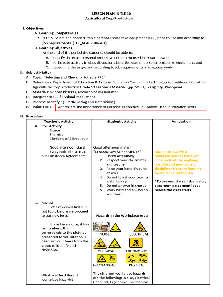 Lesson Plan in Tle 10 2023 | PDF | Personal Protective Equipment | Safety