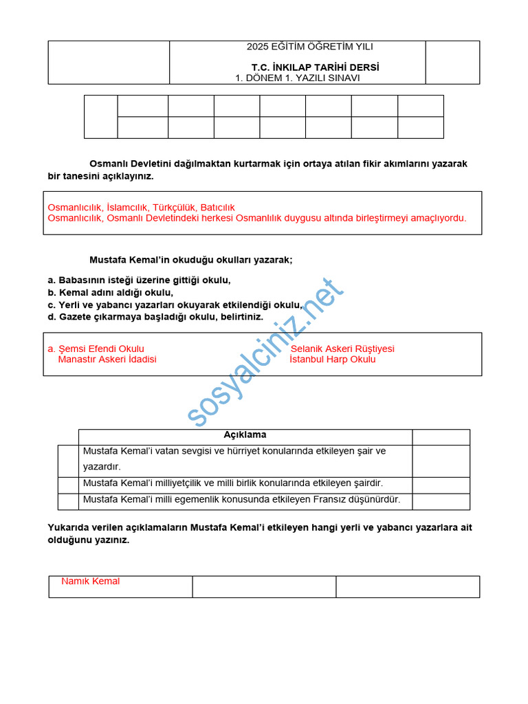 2024 2025 8. Sinif T.C. Inkilap Tarihi 1.donem 1. Yazili Cevapli | PDF