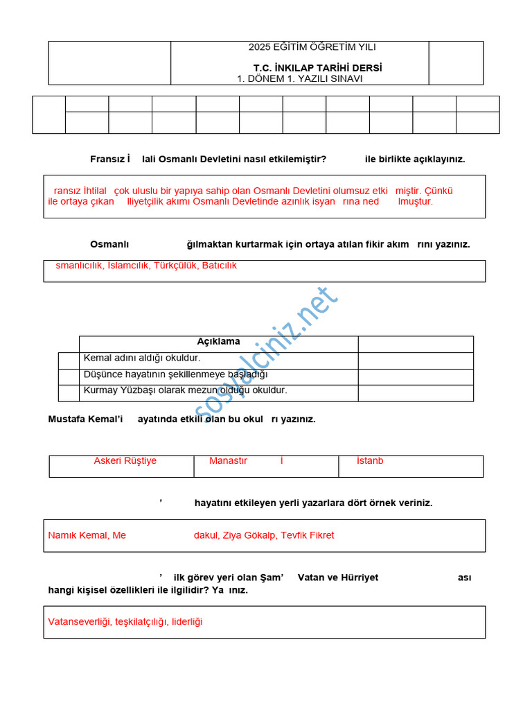 2024 2025 8. Sinif T.C. Inkilap Tarihi 1.donem 1. Yazili Cevapli 10 Soru | PDF