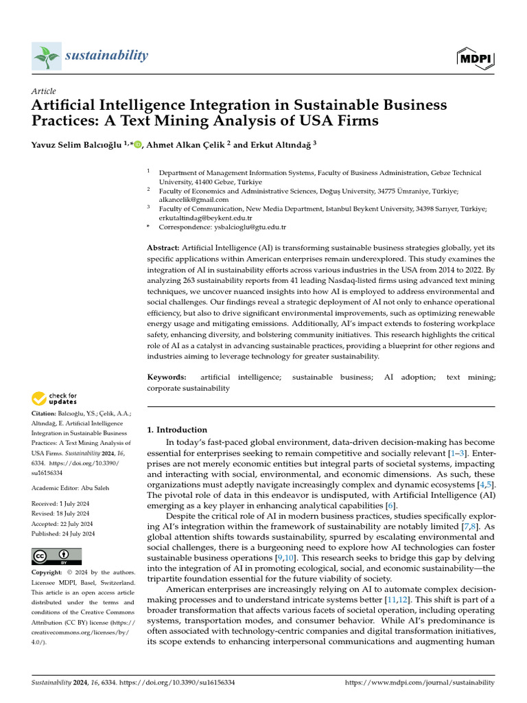Artificial Intelligence Integration in Sustainable | PDF ...